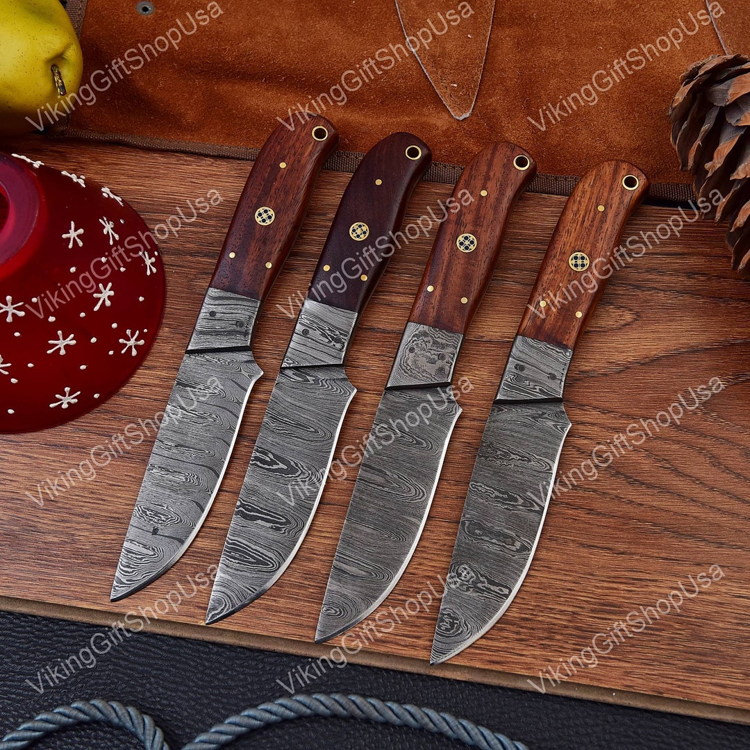 Hand Forged Damascus Steel 4 Pcs Kitchen Steak Knife, Handmade Damascus ...