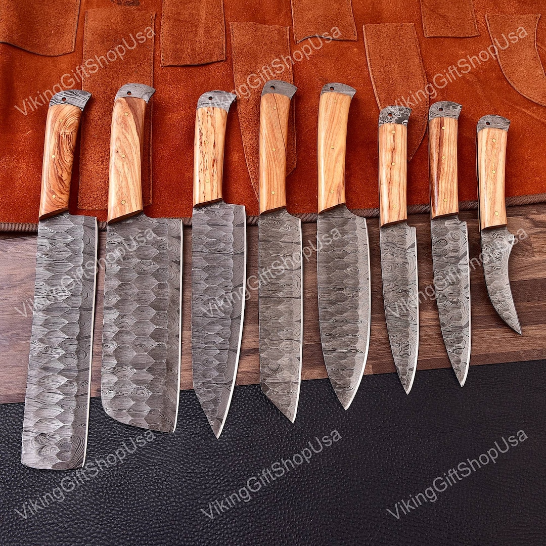 8 Pcs Damascus Steel Hand Forged Kitchen Knife Set, Damascus Chef Set ...