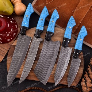 Custom Handmade Damascus Chef Set, Damascus Full Tang Knife Set, Gift ...