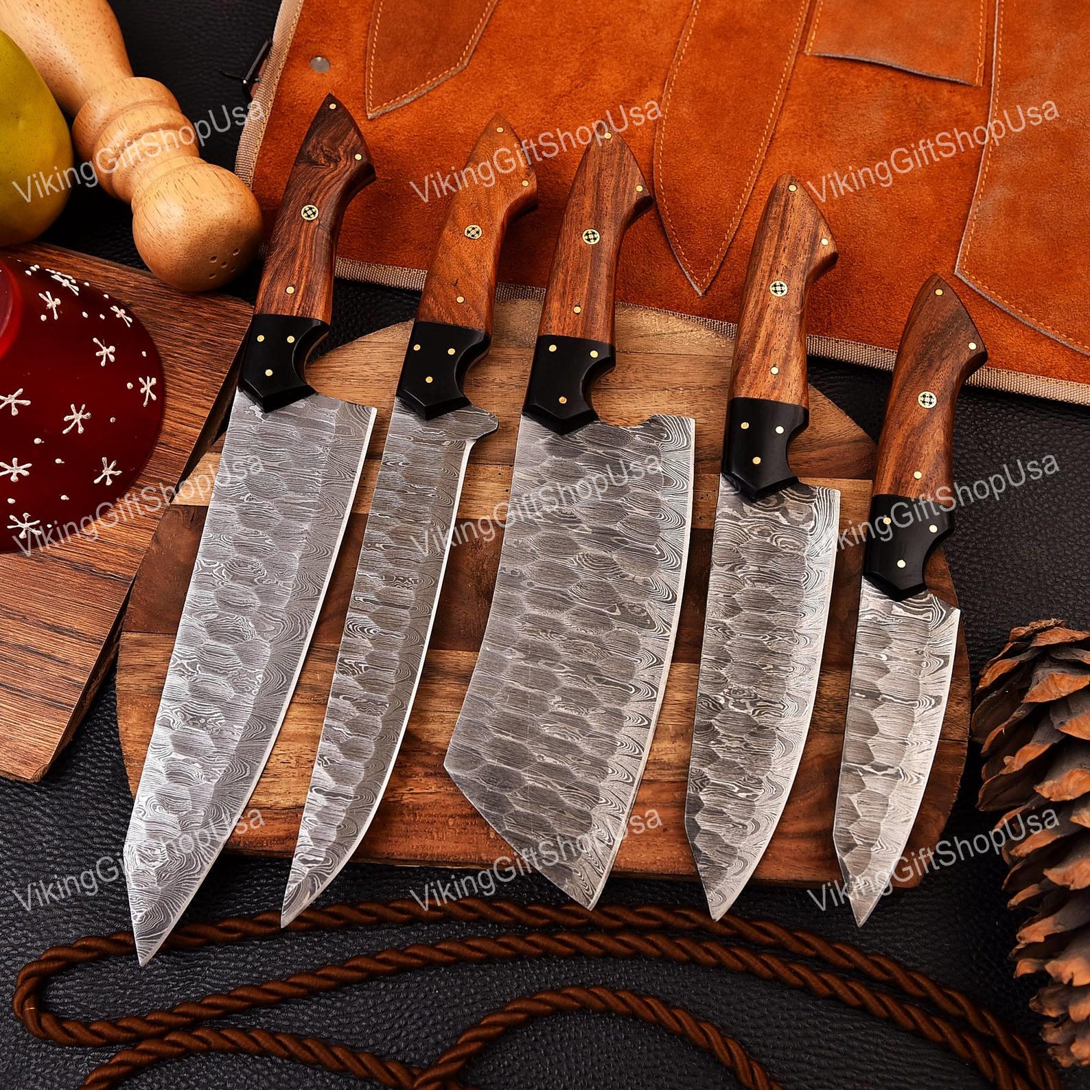 Custom Handmade Damascus Steel 5 Pcs Chef Set, Personalized Chef Set ...