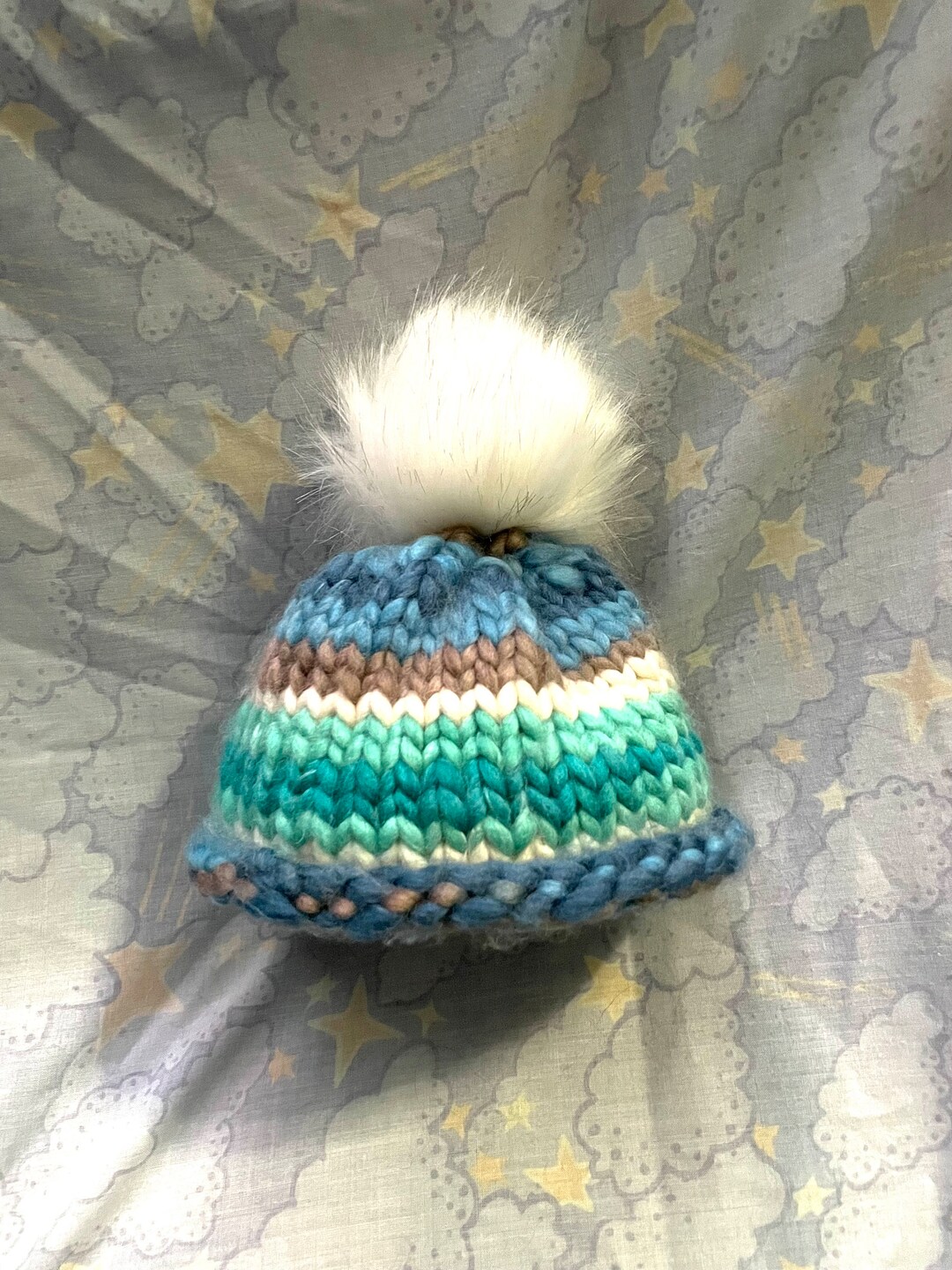 Handknit Multicolor Blue, Green, and Gray Double Layered Winter Hat for ...