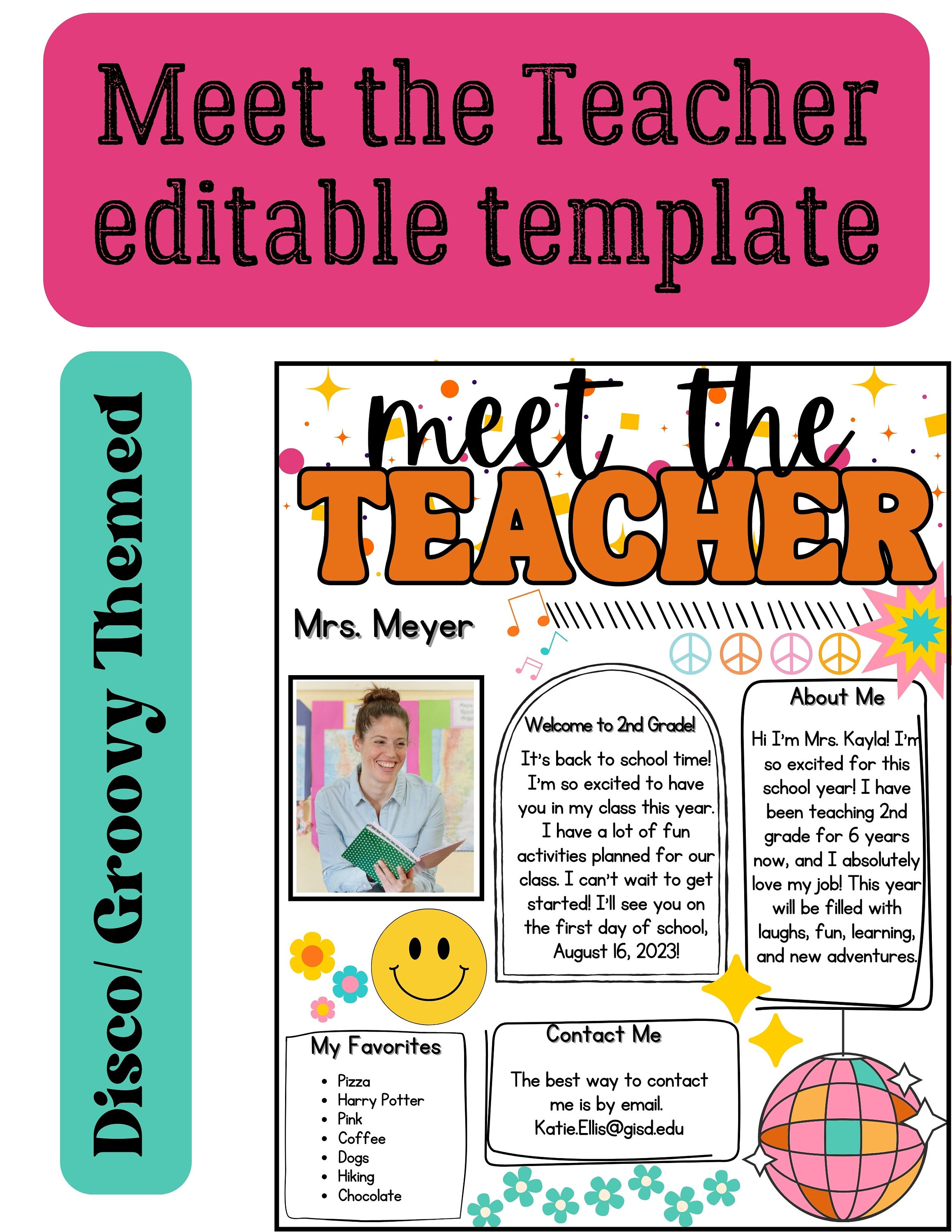 Meet the Teacher Editable Template Groovy Disco 70s Retro - Etsy