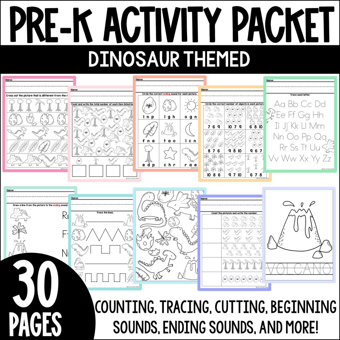 Pre-k Activity Packet - Dinosaur Themed Worksheets - Pre-k Summer ...