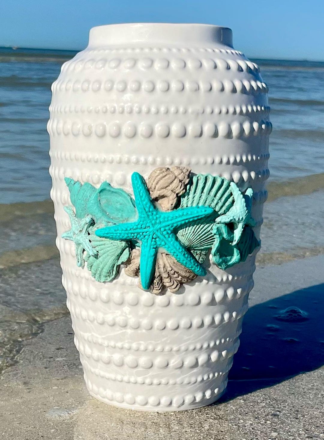 Unique White Coastal Vase With Clay Shells Featuring Ocean Hues - Etsy