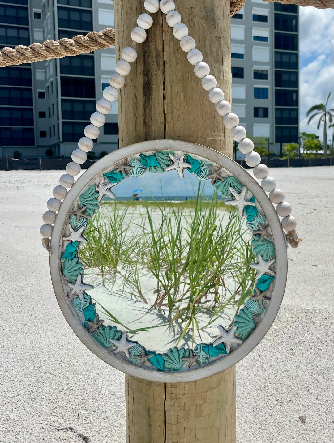 Small White Round Coastal/beachy Mirror With Ocean Hues - Etsy