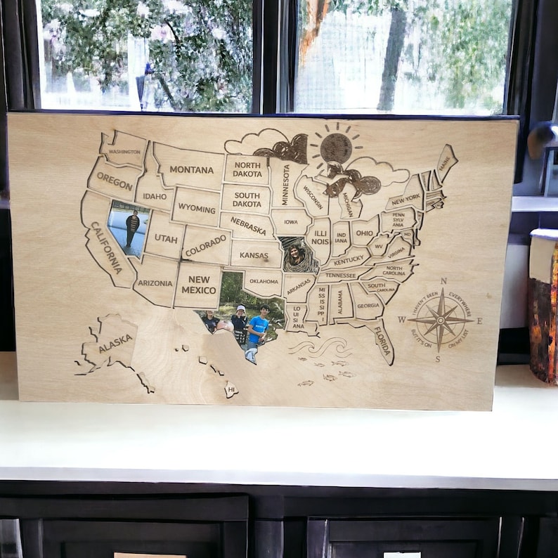 Laser Cut USA Travel Map File: Engraved States, Compass (digital ...