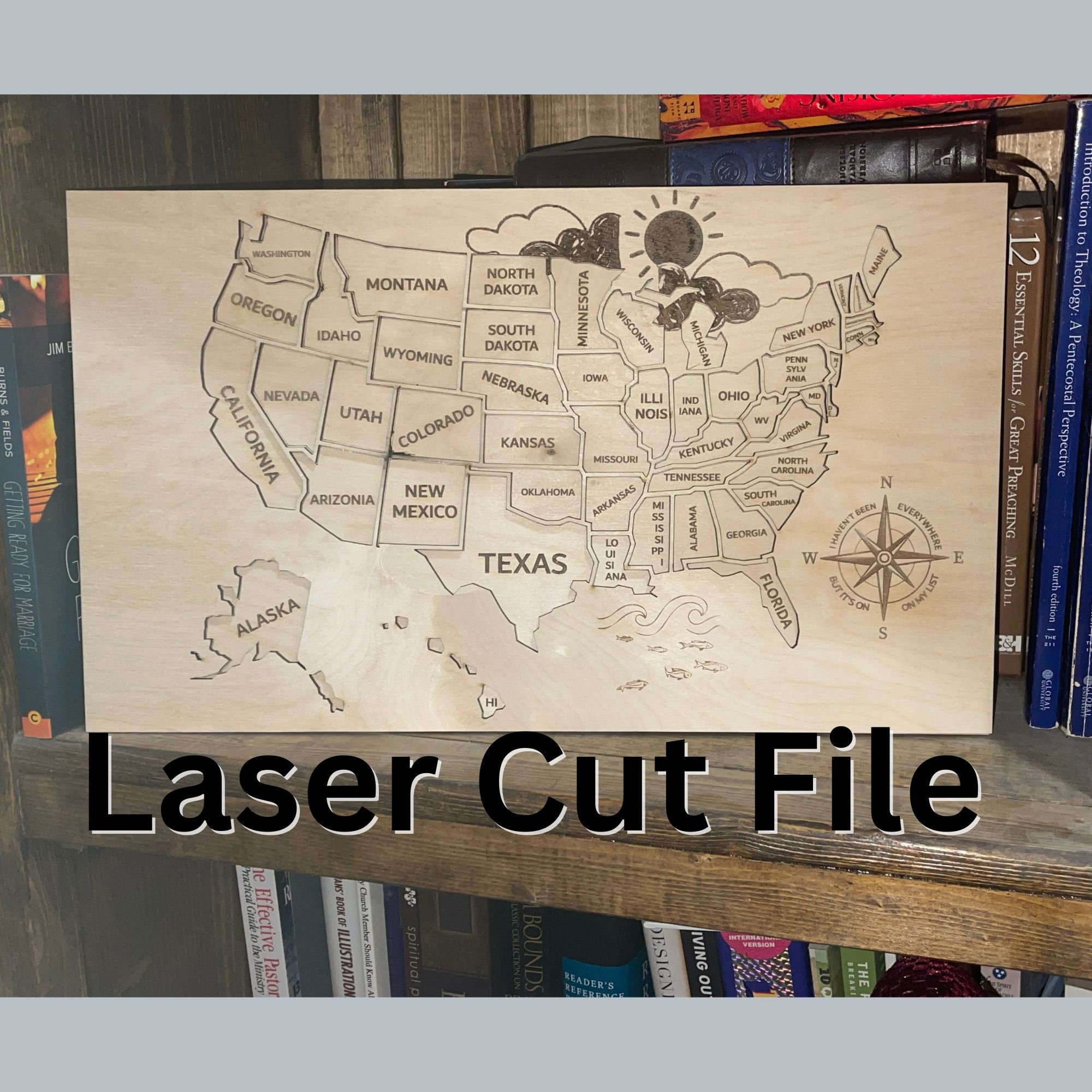 Laser Cut USA Travel Map File: Engraved States, Compass (digital ...