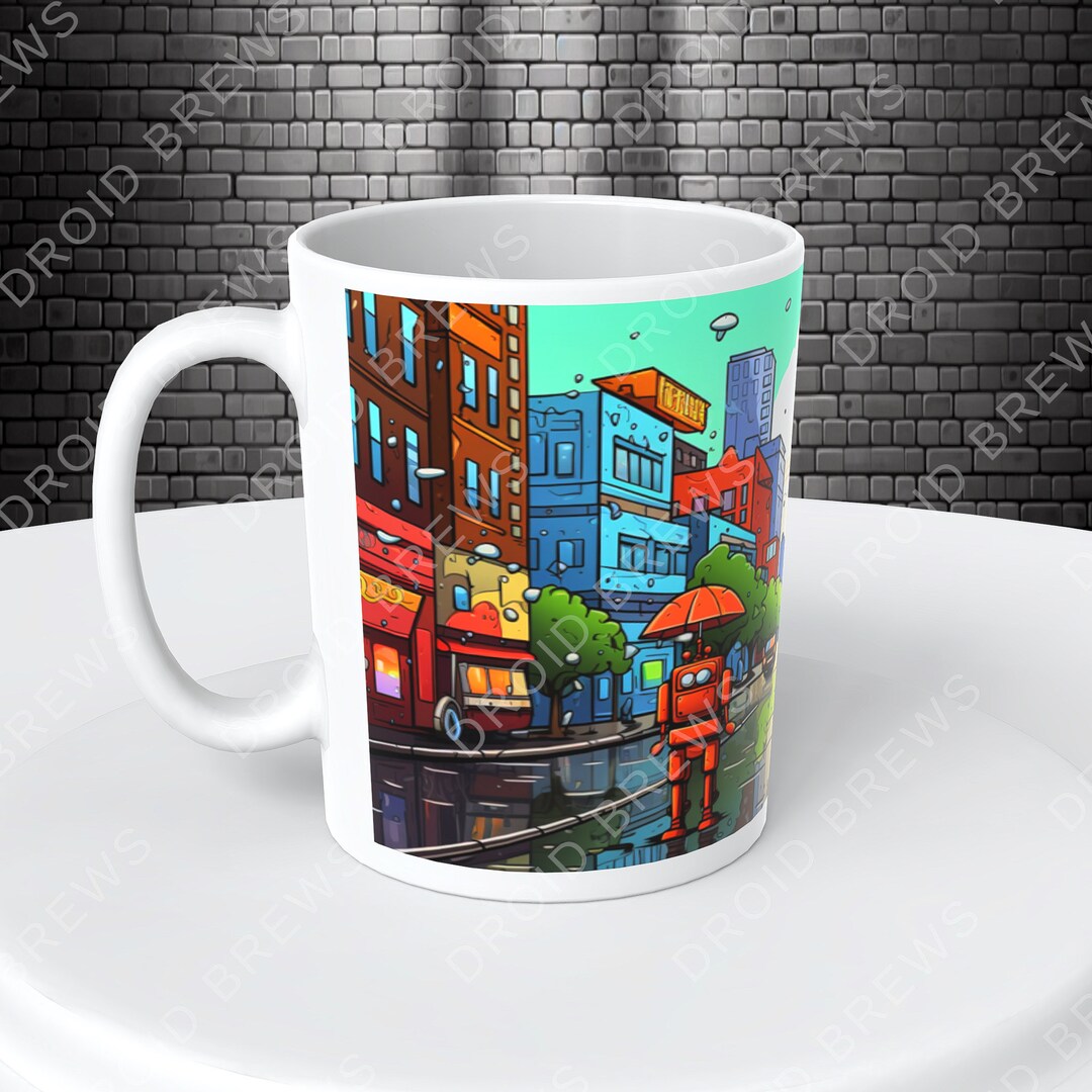 Robot Coffee Mug Futuristic Street Scene AI Generated Art - Etsy
