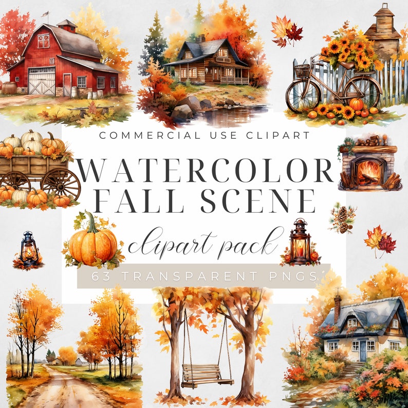 Watercolor Fall Scenes, Digital Clipart, 63 High-resolution Pngs ...