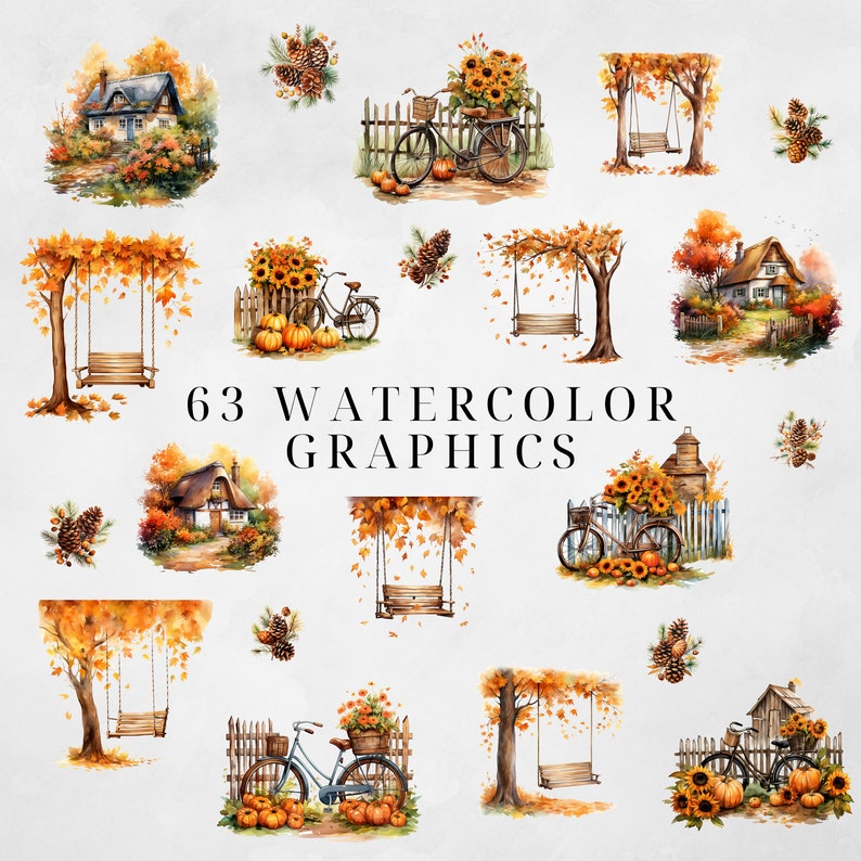 Watercolor Fall Scenes, Digital Clipart, 63 High-resolution Pngs ...