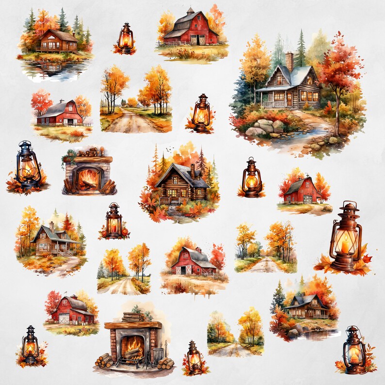 Watercolor Fall Scenes, Digital Clipart, 63 High-resolution Pngs ...