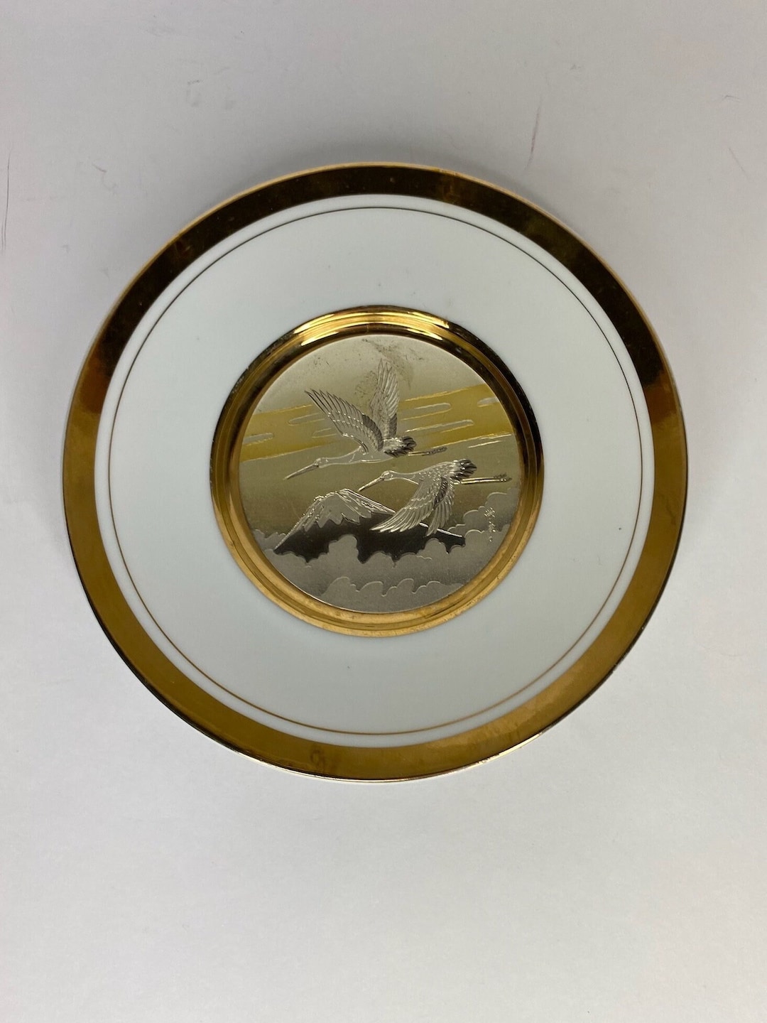 6" Vintage Japanese Chokin Engraved Flying Cranes Plate, Embossed Brass ...