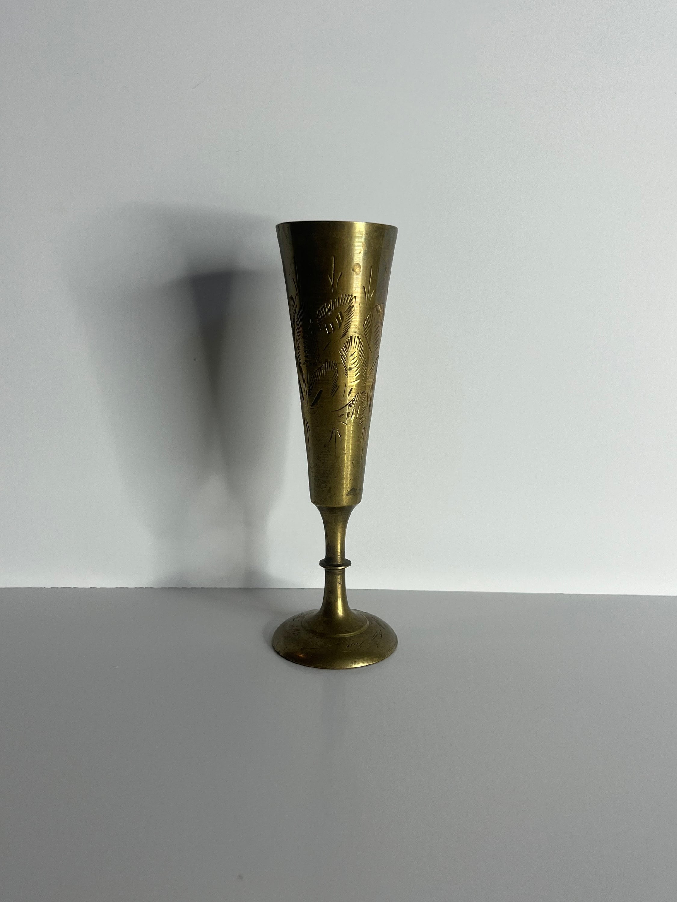 Vintage Etched Brass Bud Vase, Made in India, Antique Etched Metal Cone ...