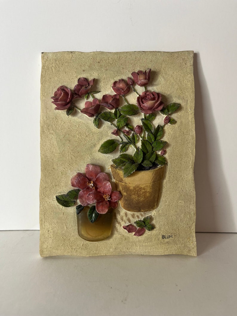 Vintage Blum Floral 3D Wall Plaque Resin Roses in Acrylic Vase, Signed ...