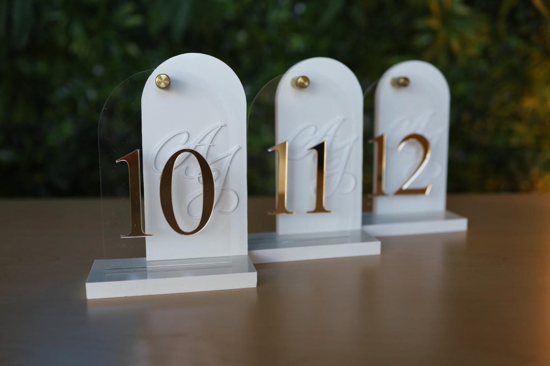 White and Gold Arch Table Number – Layered Wedding Table Sign – Elegant ...