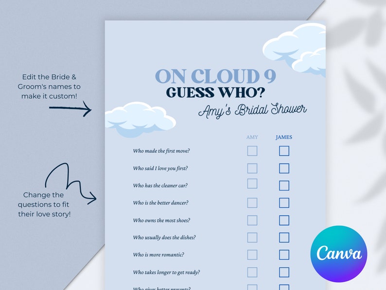 On Cloud 9: Guess Who? Bridal Shower Game | Digital Downloadable - Etsy