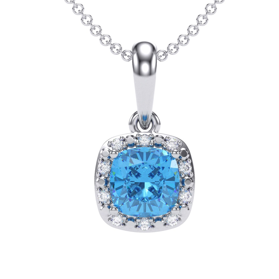 10K White Gold Blue Topaz Pendant W/ Diamond Halo - 6mm Blue Topaz ...