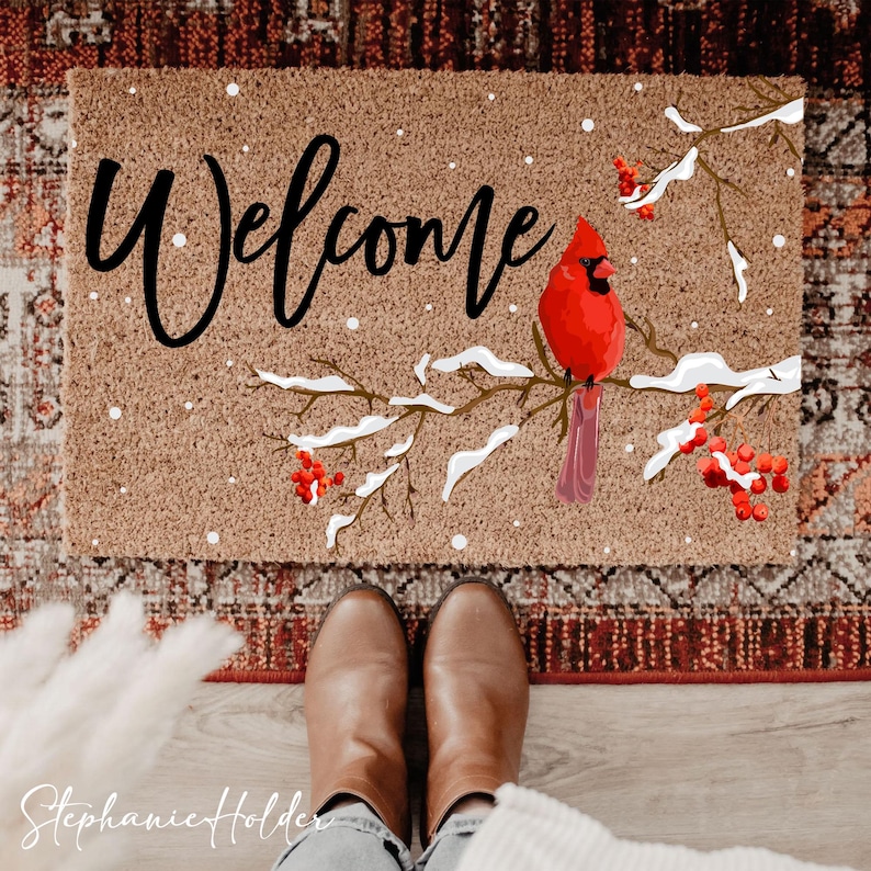 Cardinal Welcome Doormat, Winter Bird Entry Rug With Snow Branches ...