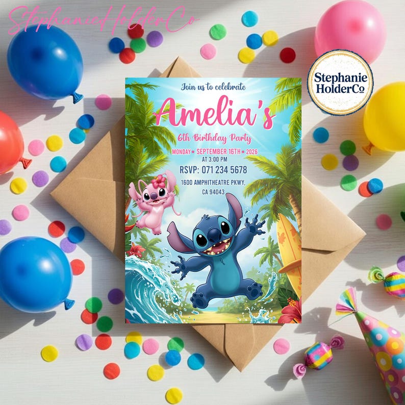Personalized Stitch Pool Party Birthday Invitation Card | Summer ...