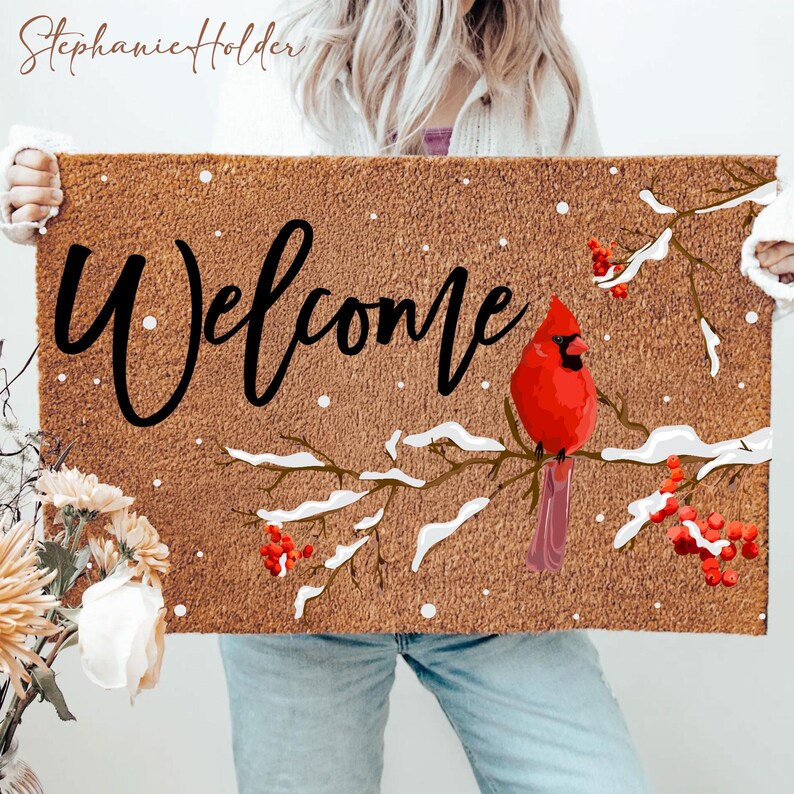 Cardinal Welcome Doormat, Winter Bird Entry Rug With Snow Branches ...
