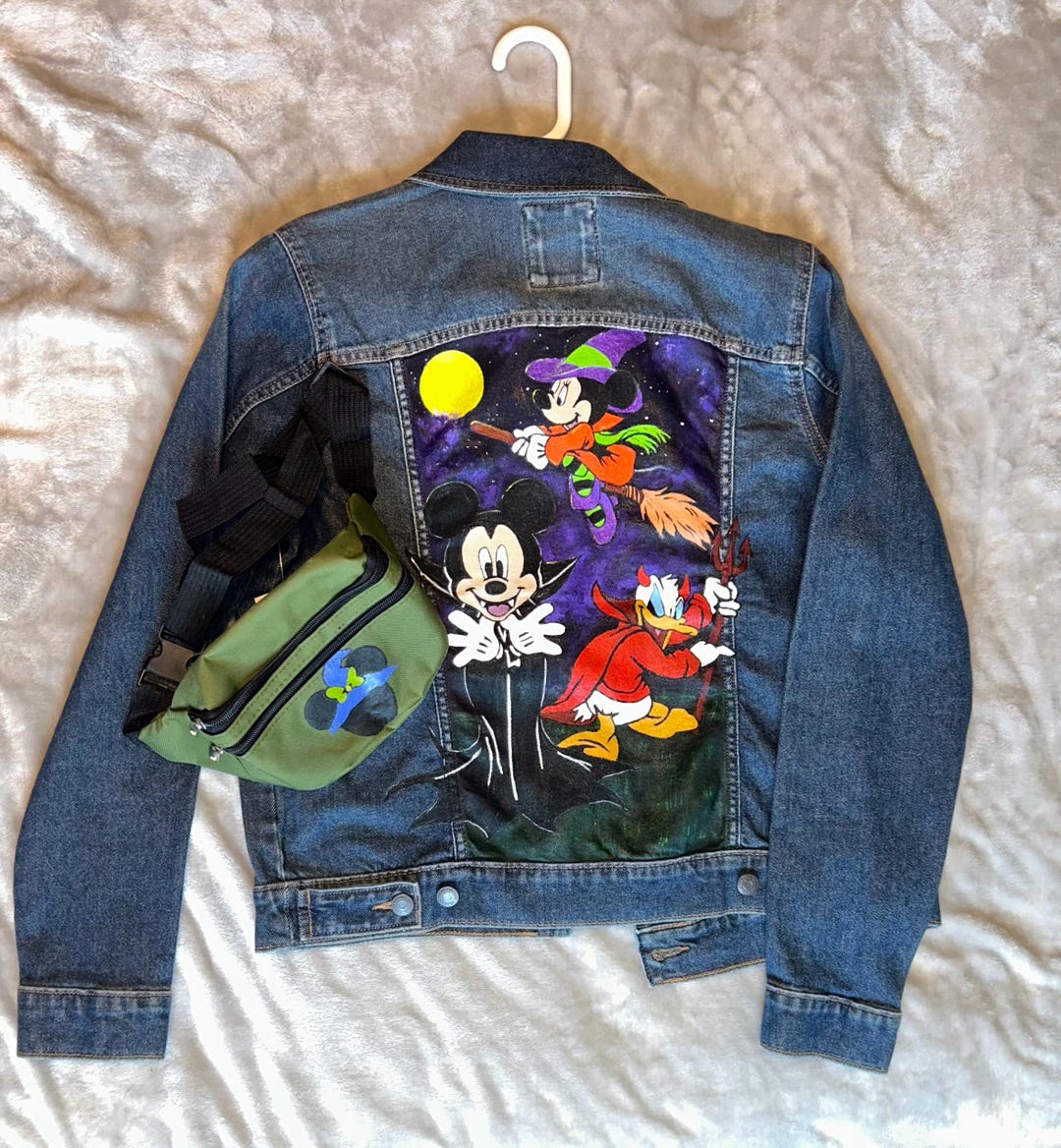 Hand Painted Disney Halloween Denim Jacket With Fanny Pack - Size Small ...