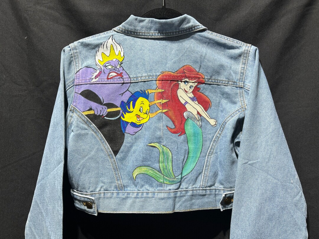 HAND PAINTED Ariel W/ Ursula & Flounder Cropped Jean Jacket - Medium - Etsy