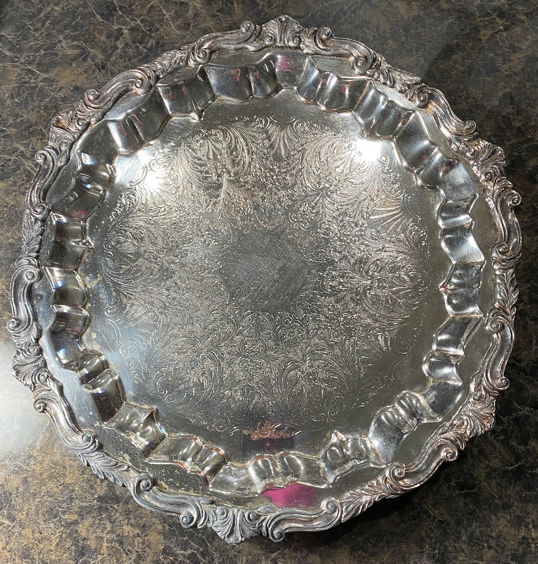 Large Vintage Silverplate 16.5 Inch Round Footed Tray With Elegant ...