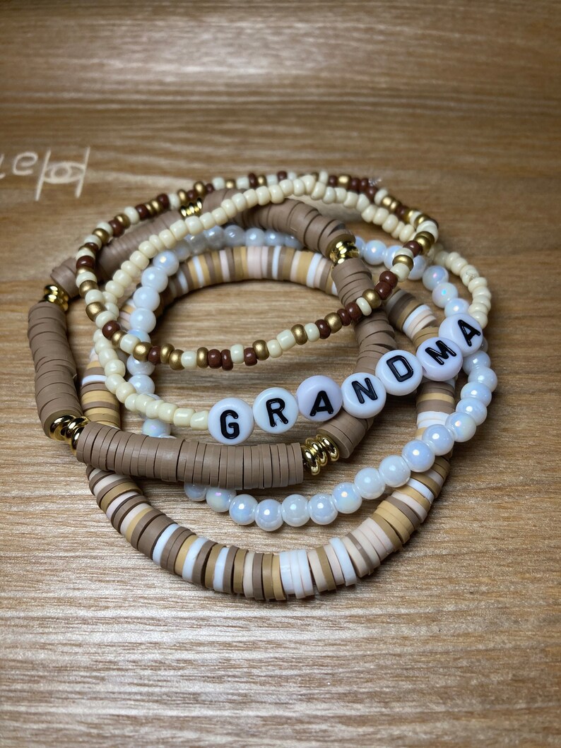 Beige and Brown Bracelet Stack— Set of 5 Handmade Clay Heishi Bead Customizable Bracelets - Etsy