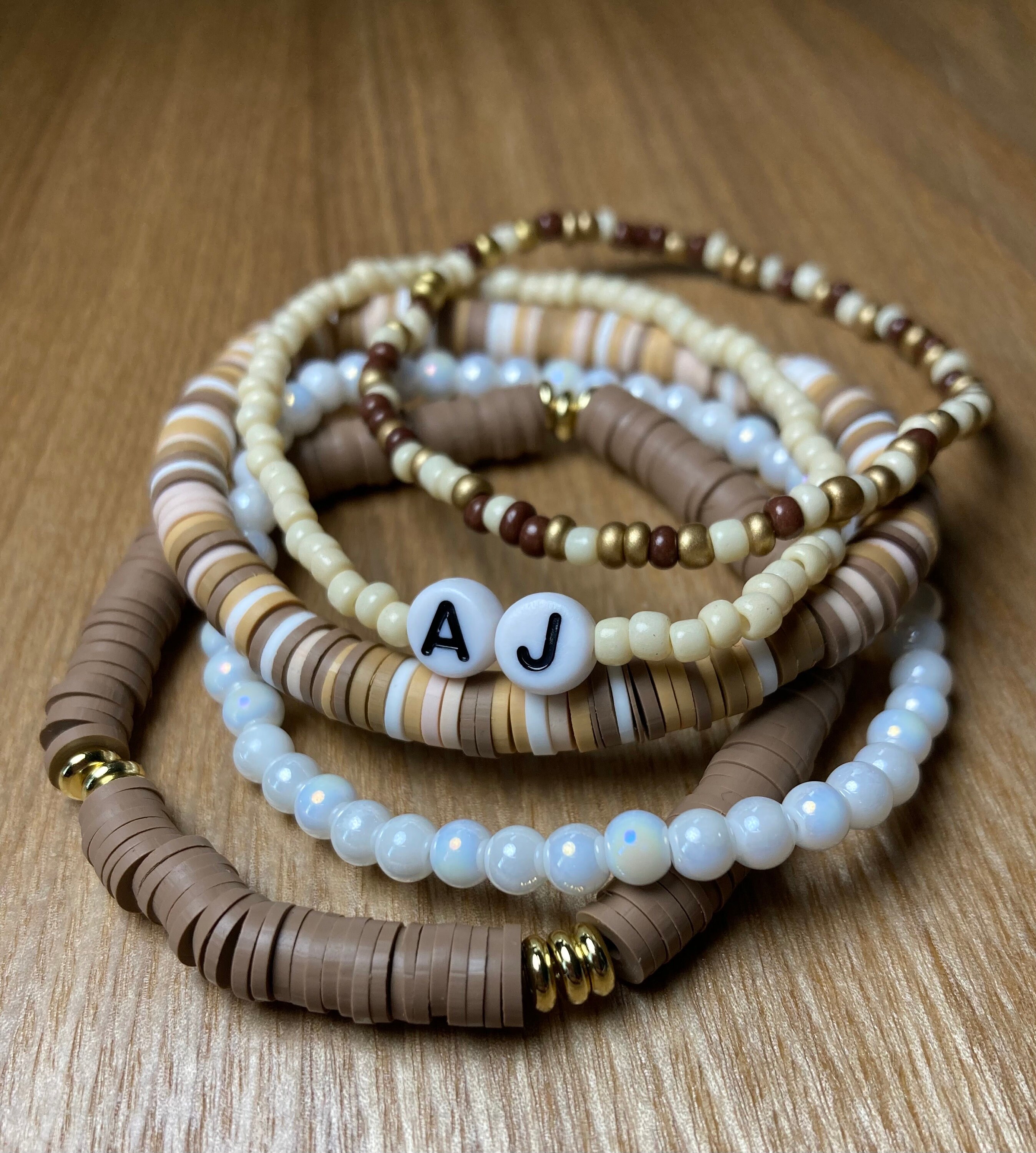 Beige and Brown Bracelet Stack— Set of 5 Handmade Clay Heishi Bead Customizable Bracelets - Etsy