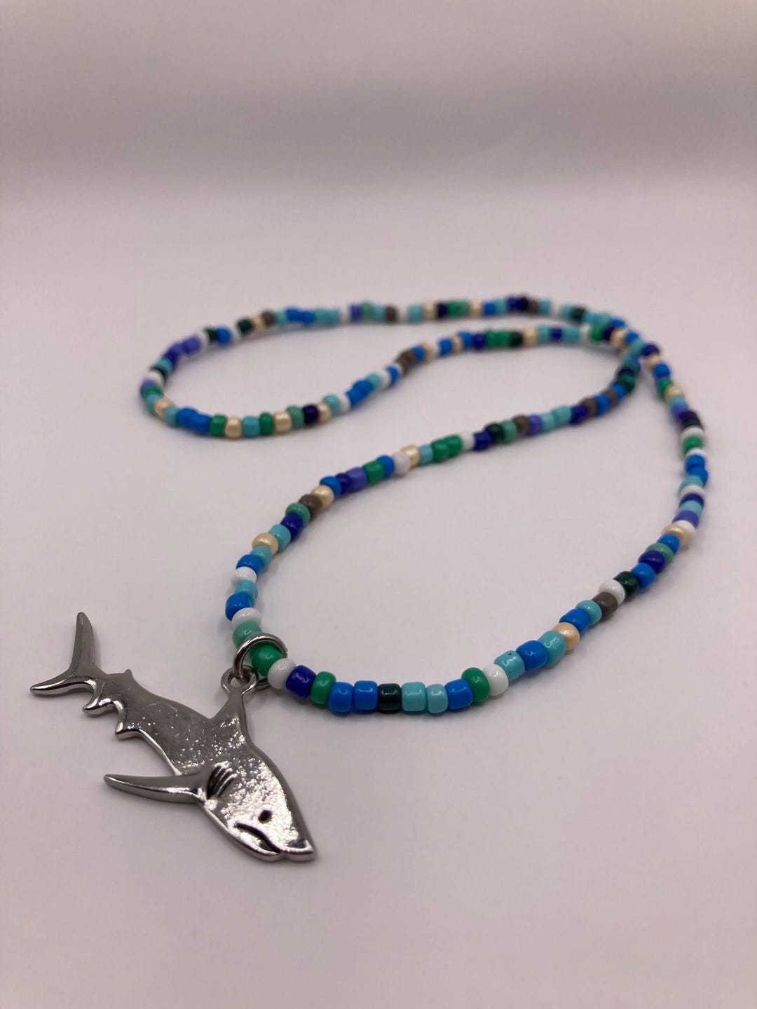 Grumpy Shark Charm Choker- Blue Beige and White Seed Bead Jewelry ...