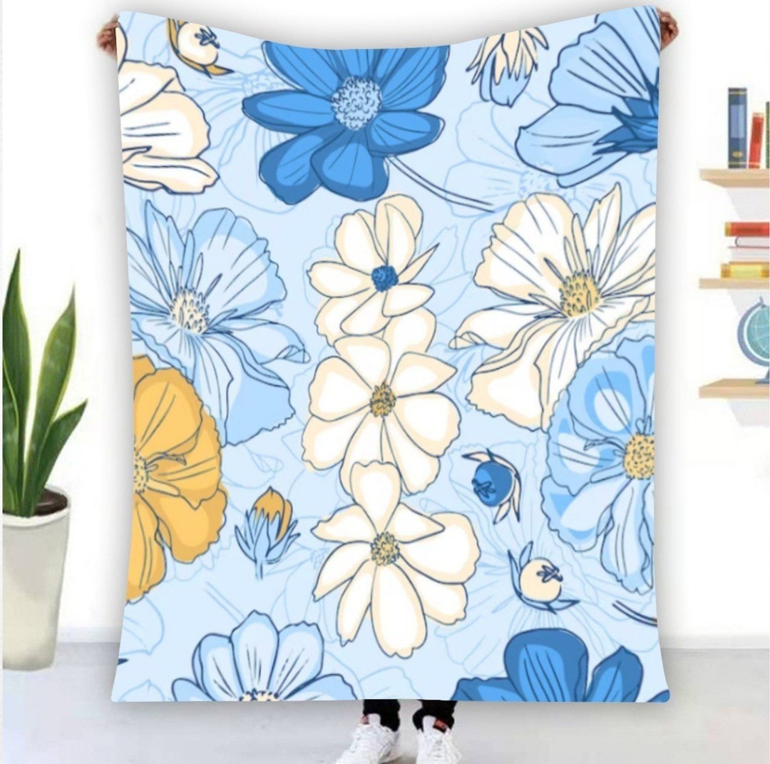 Blue Floral Print Reversible Plush Fluffy Flannel Blanket for - Etsy