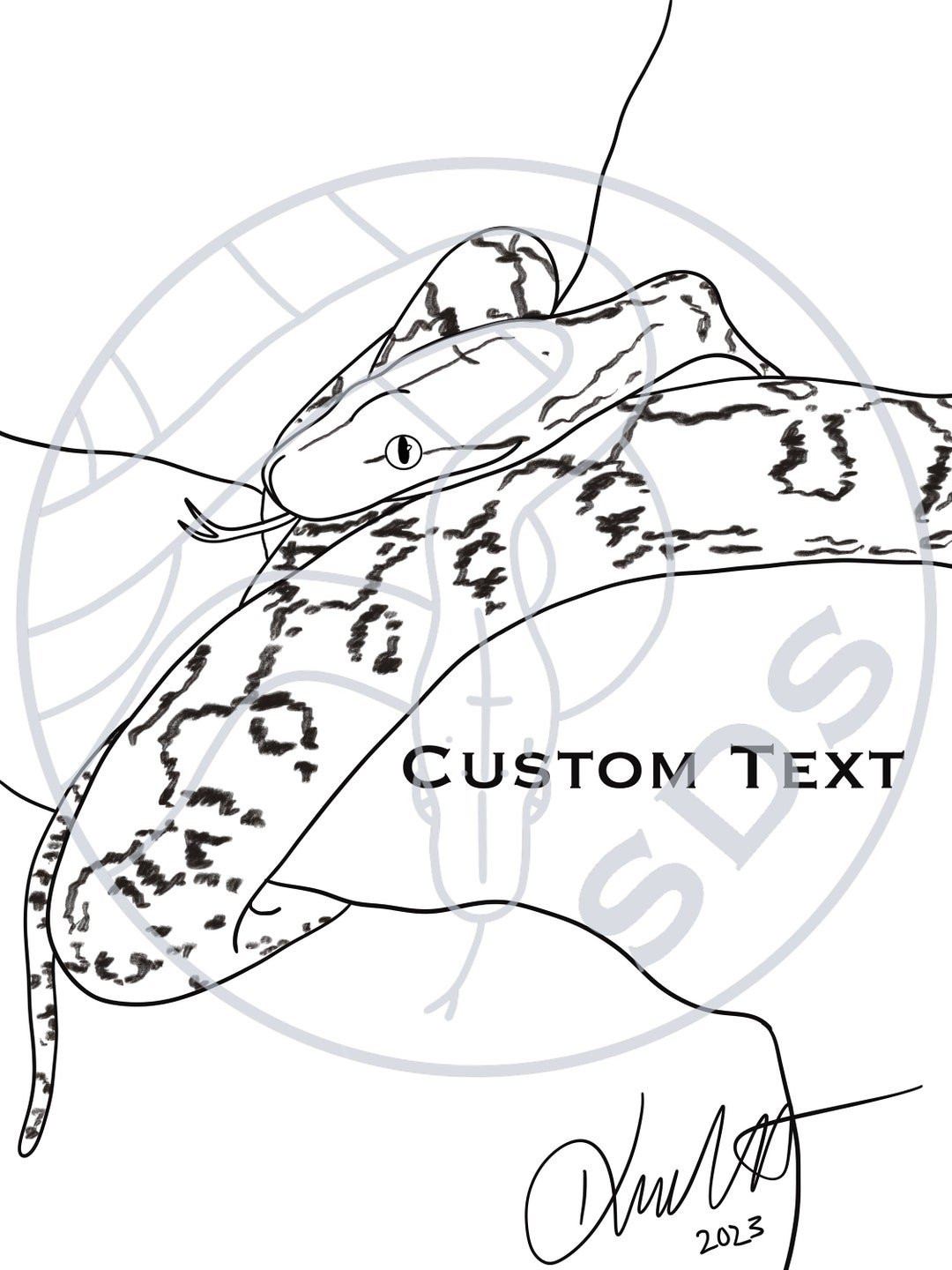 Custom Super Dwarf Reticulated Python Snake Coiled Line Art Digital Art ...
