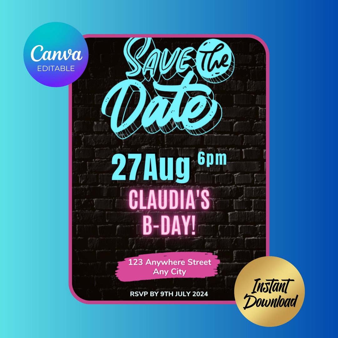 Neon Instant Download Invitation Canva Editable Neon Party Invitation ...