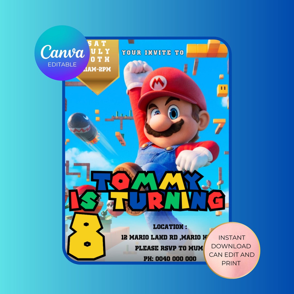 Super Mario Invitation Instant Download Invitation Canva - Etsy