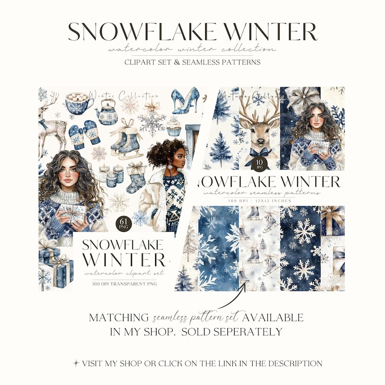 Cozy Winter Clipart, Snowflake PNG Bundle, Watercolor Bluey Clipart ...