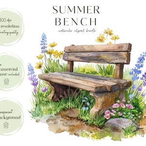 Summer Bench Clipart Bundle, Watercolor Summer Clipart, PNG Design ...