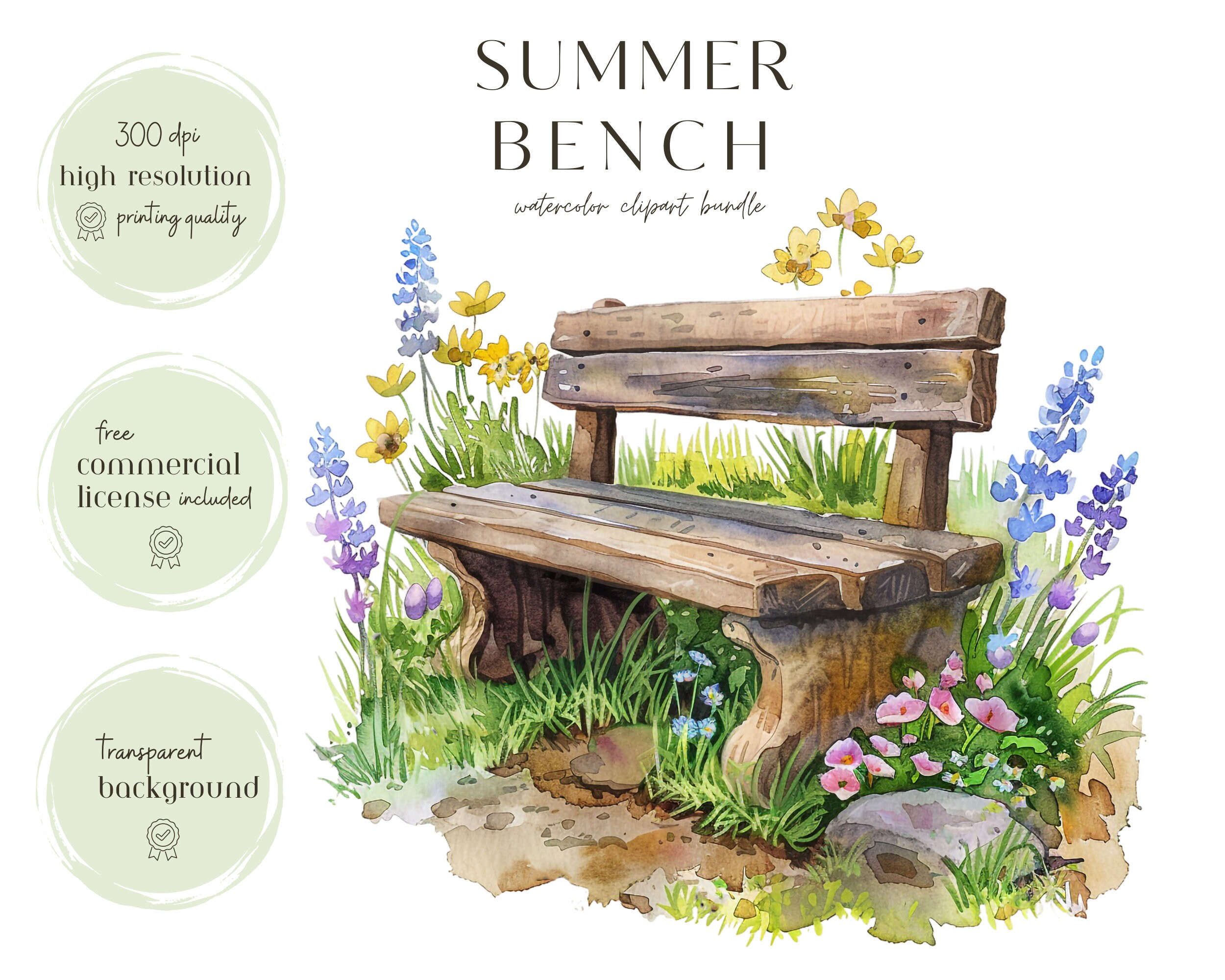 Summer Bench Clipart Bundle, Watercolor Summer Clipart, PNG Design ...