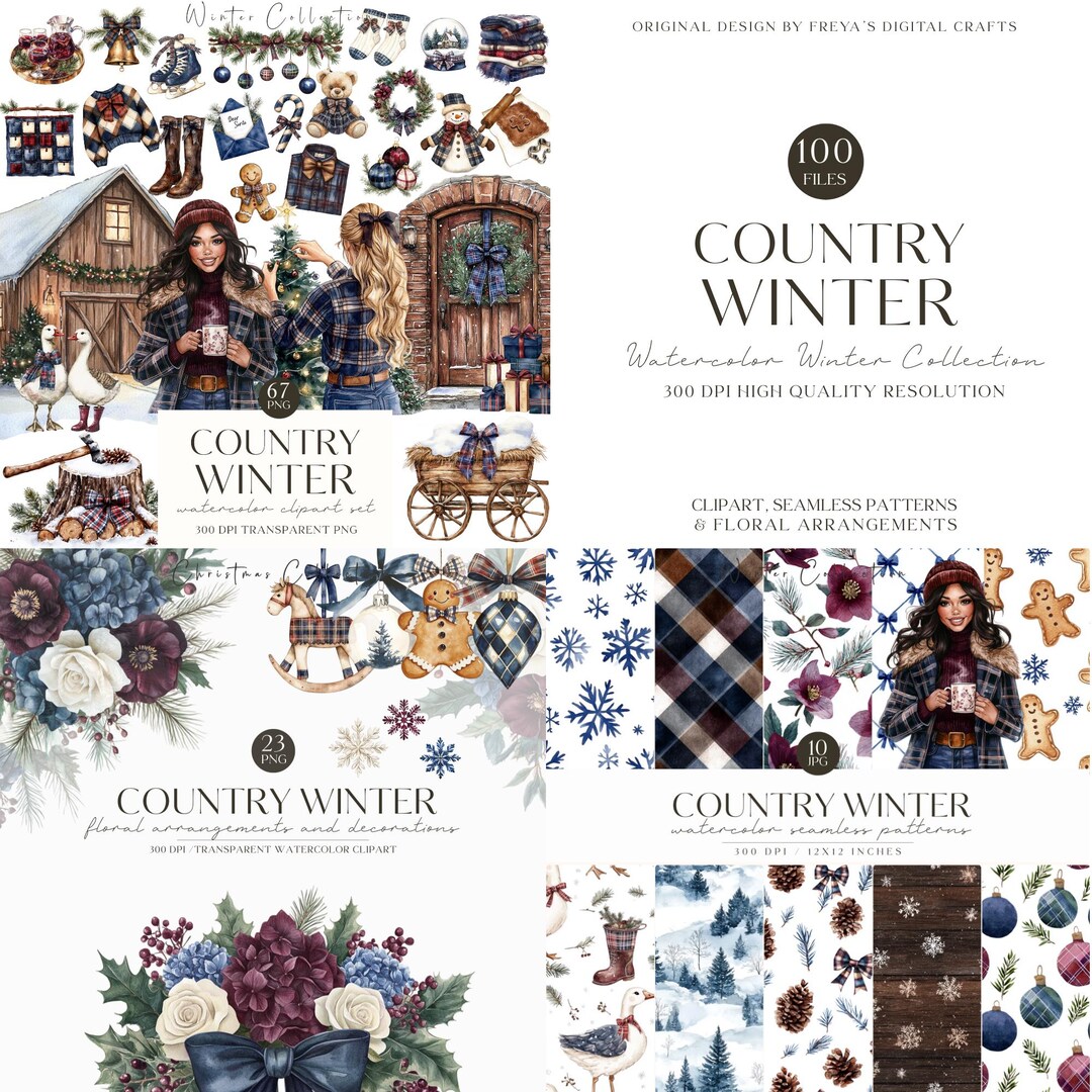 Watercolor Cozy Winter Clipart Bundle, Countryside Christmas and Winter ...