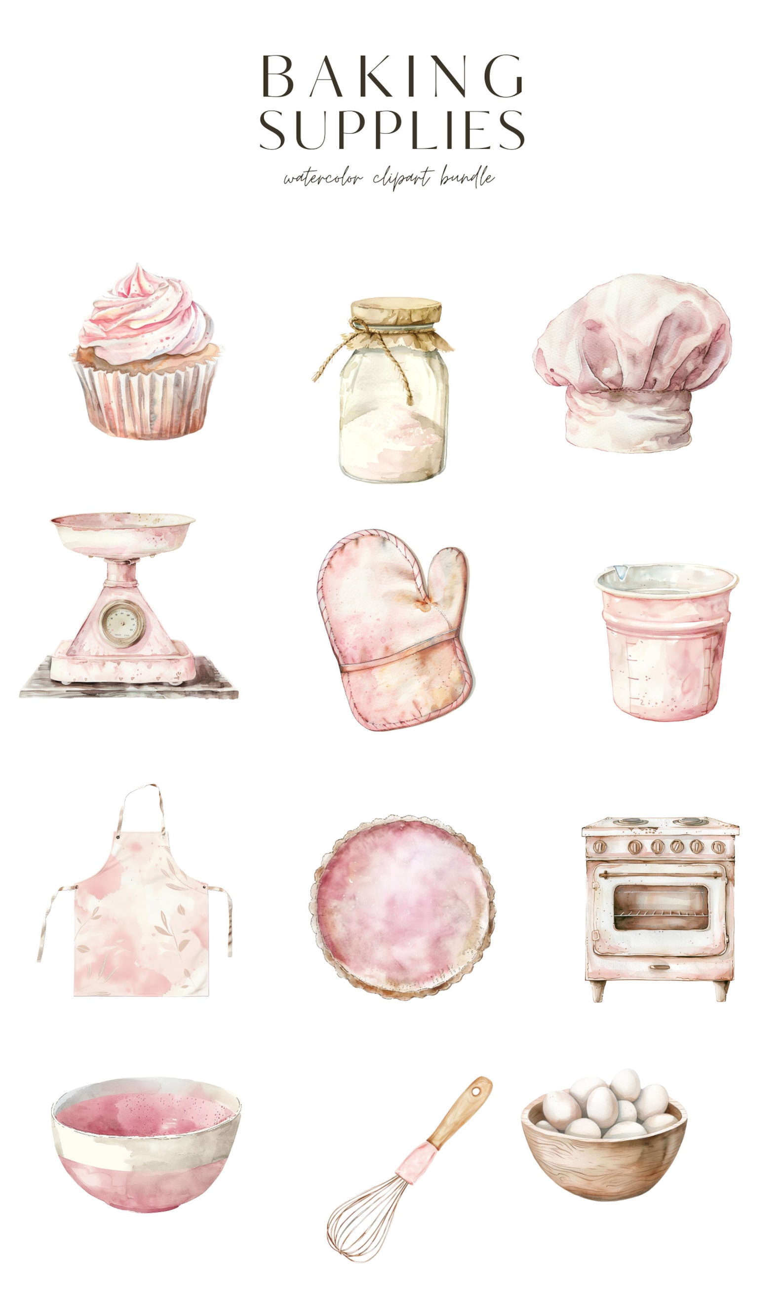 Pink Baking Supplies Clipart, Watercolor Baking PNG Bundle, Bakery ...