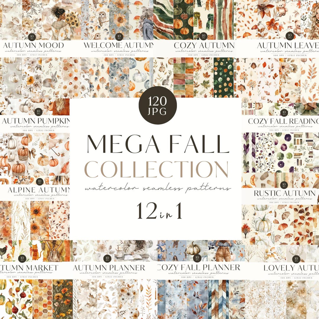 Cozy Autumn Seamless Patterns, Watercolor Neutral Fall JPG, Large ...