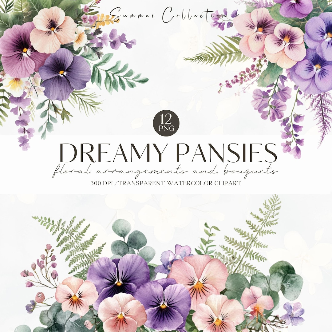 Watercolor Pansy Floral Clipart, Purple Pansie Floral PNG, Wedding ...