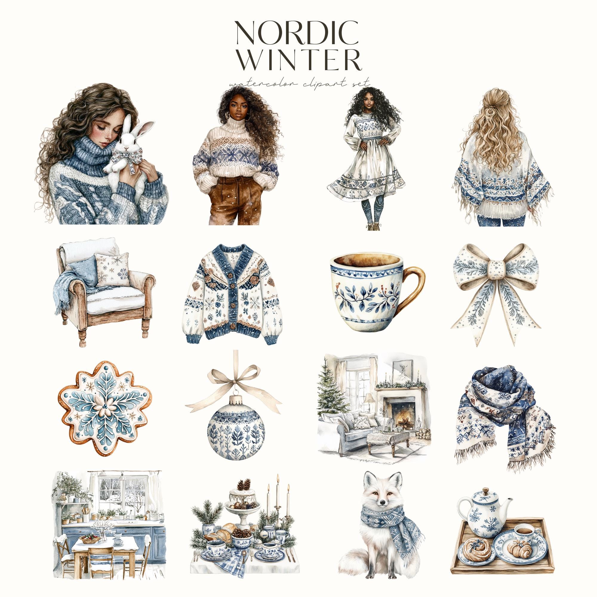 Cozy Winter Clipart, Bluey PNG Bundle, Watercolor Nordic Winter ...