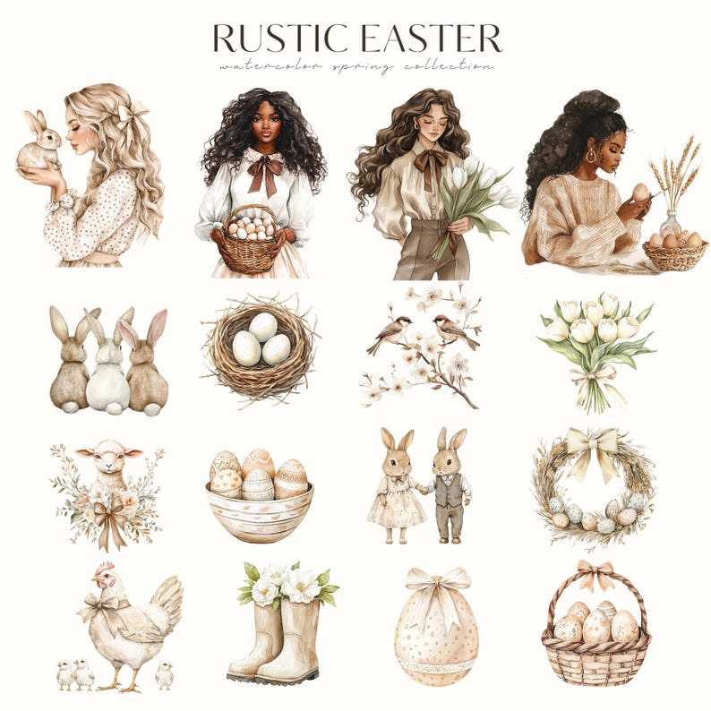 Rustic Easter Clipart, Watercolor Neutral Easter, Easter Bunny, Easter ...
