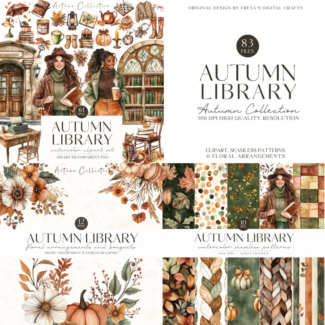 Watercolor Autumn Cozy Reading Clipart, Fall Books, Booklover PNG ...