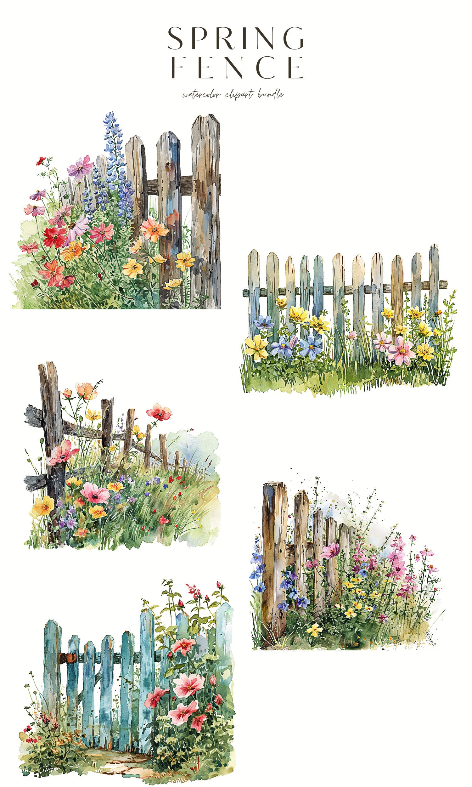 Spring Fence Clipart Bundle, Watercolor Spring, PNG Design Spring ...