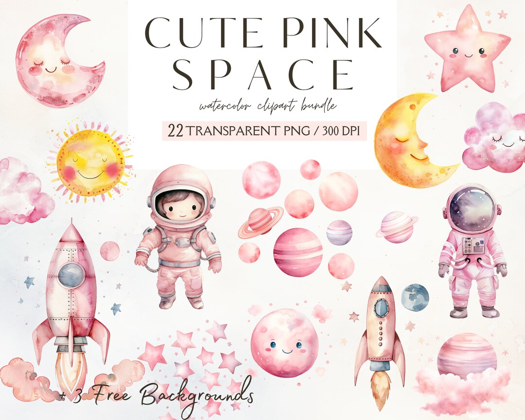 Watercolor Pink Cute Space Clipart Bundle, Pastel Girl Astronaut ...