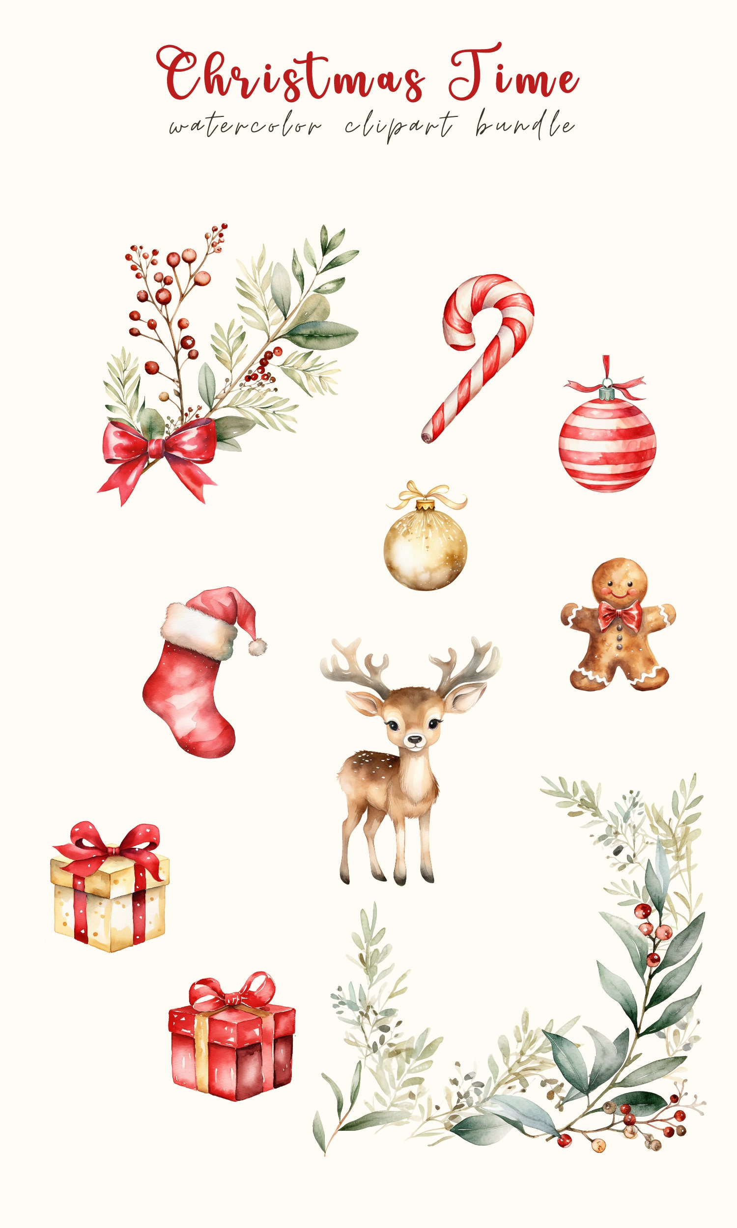 Cute Watercolor Christmas Clipart, Red and Gold Christmas PNG ...