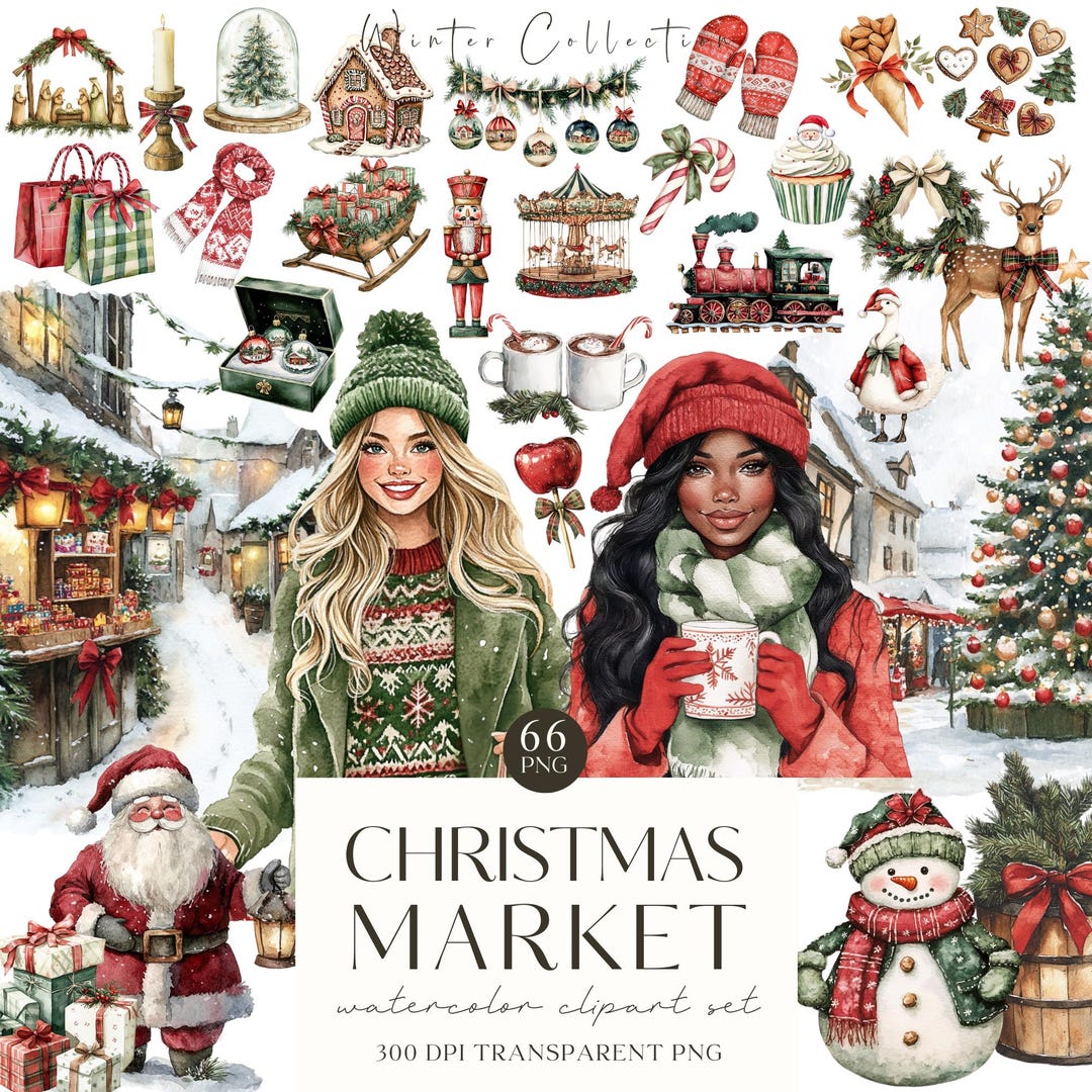 Watercolor Christmas Market Clipart Bundle, Cozy Christmas PNG ...