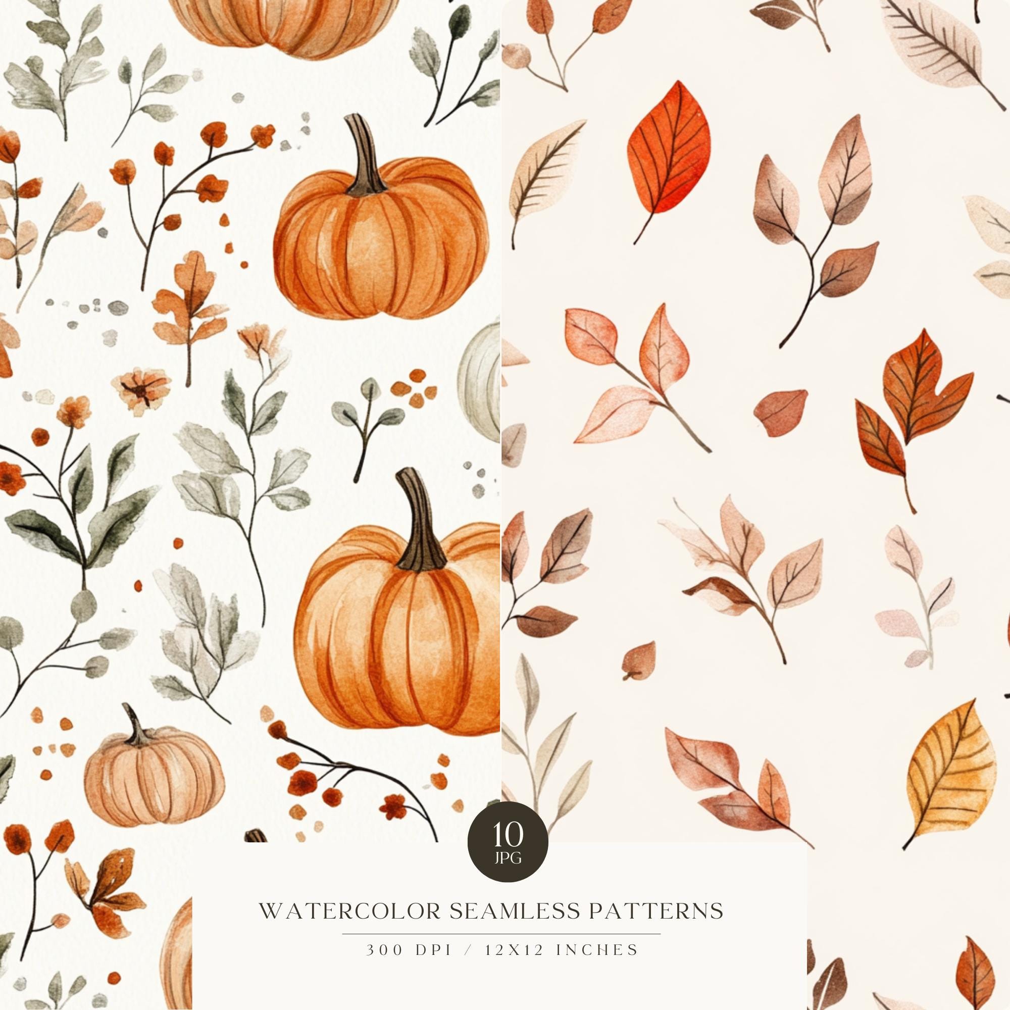 Cozy Autumn Seamless Patterns, Watercolor Fall Foliage, Fall Leaves ...