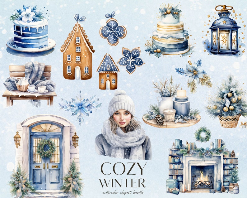 Cozy Winter Clipart Mega Bundle, Watercolor Bluey Christmas PNG Clipart ...